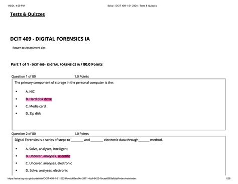Test5 Computer Science Mcqs Practice Questions In Digital Forensics Tests Quizzes DCIT 409