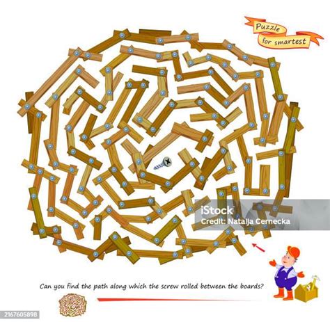 최고의 미로 나사가 보드 사이를 굴러 간 경로를 찾을 수 있습니까 논리 퍼즐 게임 미로가 있는 수수께끼 책 어린이 활동 시트 교육 페이지 평면 벡터 일러스트 레이 션 1위에
