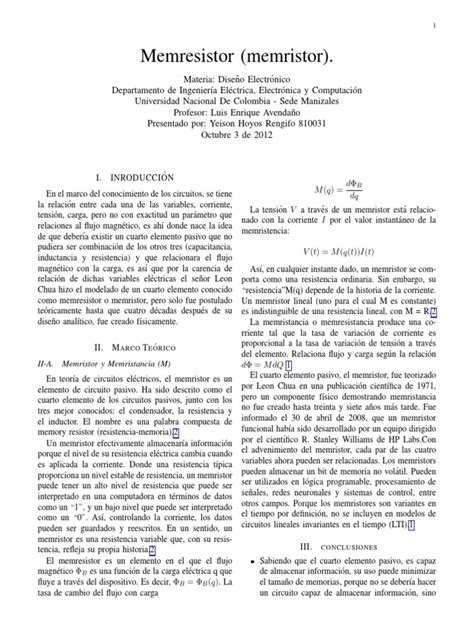 Memresistor Pdf Ingenieria Eléctrica Fuerza