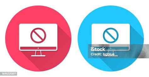 기호가 없는 데스크탑 컴퓨터입니다 빨간색 또는 파란색 배경에 긴 그림자가 있는 둥근 아이콘 개념에 대한 스톡 벡터 아트 및 기타