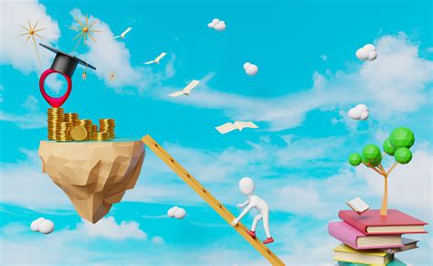 책과 졸업 모자 떠 다니는 섬 하늘 배경의 금화 졸업 및 성공 개념 3d 그림 또는 3d 렌더링으로 남자와 핀을 붙입니다 공부에