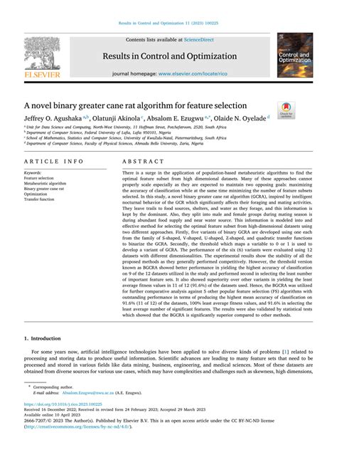pdf a novel binary greater cane rat algorithm for feature selection