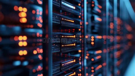 Server Racks Glowing With Blue And Orange Lights In A Data Center Stock Image Image Of Data