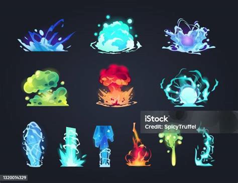 폭탄 폭발 만화 게임 붐 효과 상승 연기와 미래 무기 샷으로 화재 폭발 레이저 빔과 광선 총 추적 번개 벡터 원소 마법 주문 세트 마술사에 대한 스톡 벡터 아트 및 기타