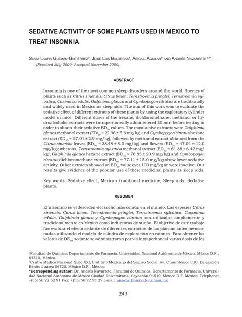 Pdf Sedative Activity Of Some Plants Used In Mexico To Treat Insomnia