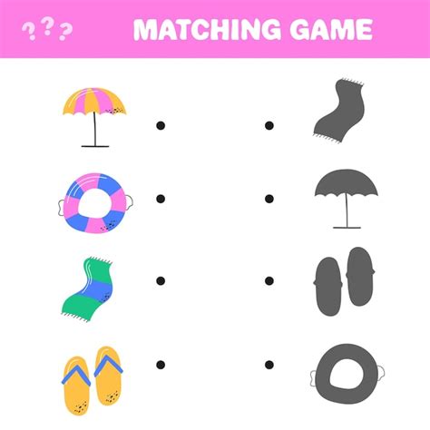 교육 게임 여름 요소가 있는 올바른 그림자 찾기 어린이 활동 프리미엄 벡터