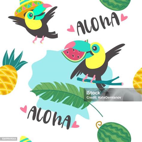 완벽 한 패턴입니다 열 대 조류 큰부리새 열 대 잎 및 과일 화려한 벡터 일러스트입니다 0명에 대한 스톡 벡터 아트 및 기타 이미지 Istock