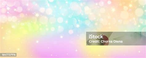 반짝이는 별이 있는 무지개 유니콘 파스텔 배경 핑크 판타지 하늘 보케가 있는 홀로그램 공간 요정 무지개 빛깔의 그라데이션 배경 벡터 공주에 대한 스톡 벡터 아트 및 기타