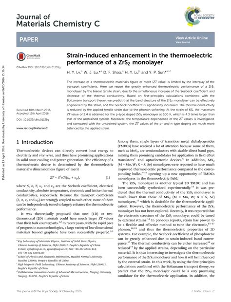 Pdf Strain Induced Enhancement In Thermoelectric Performance Of A