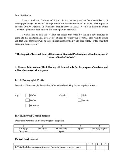 Thesis Questionnaire Pdf Internal Control Banks