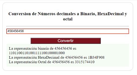 conversion de números decimales a binarios octal y hexadecimal