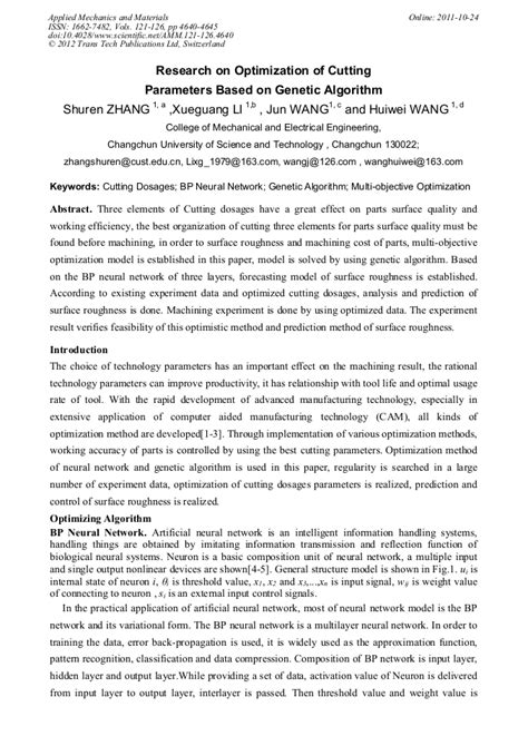 Research On Optimization Of Cutting Parameters Based On Genetic Algorithm Scientificnet