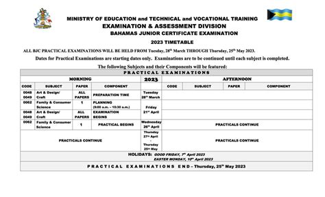 BJC BGCSE Timetable Moe Bahamas