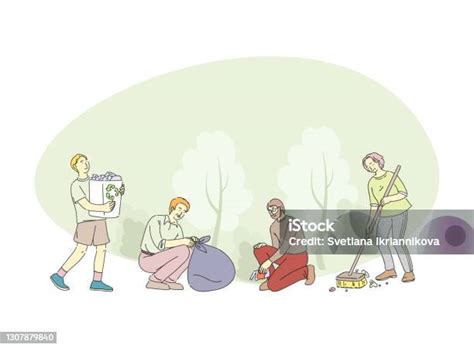 가방 쓰레기통에 쓰레기를 긁어 사람들의 그룹 자원봉사자들은 폐기물을 청소합니다 쓰레기 수거 선별 재활용 을 연습하는 사람들 가방에 대한 스톡 벡터 아트 및 기타 이미지