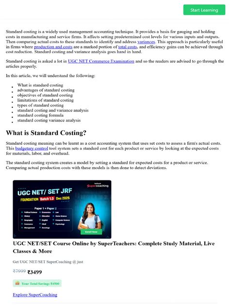 Standard Costing Meaning Objectives Etc For Ugc Net Notes Pdf