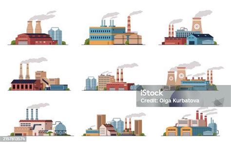 산업 건물 다른 발전소 공장 및 제조 연기 굴뚝 대기 오염 유해한 배출 만화 평면 스타일 고립 Nowaday 벡터 세트 0명에 대한 스톡 벡터 아트 및 기타 이미지 Istock