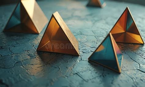 Four Triangular Objects Varying In Size And Color Are Arranged On Textured Surface With The