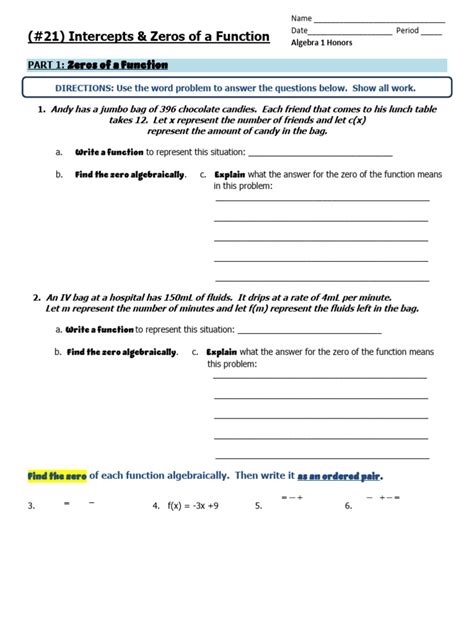 hwk 21 unit 3 alg1hon intercepts and zeros 2024 wkt pdf zero of a function