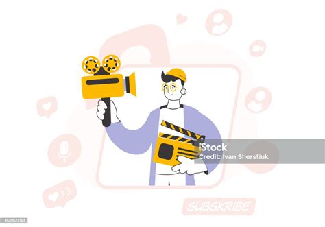 트렌디 한 스타일의 라인 아트 남성 블로거 비디오 블로깅 및 팟 캐스트 개념 벡터 일러스트레이션 Brand Name Online Messaging Platform에 대한