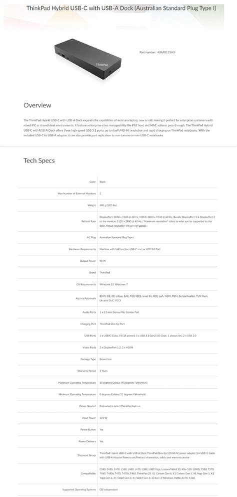 Lenovo Hybrid USB C A Laptop Docking Support Dual 4K Display 60Hz