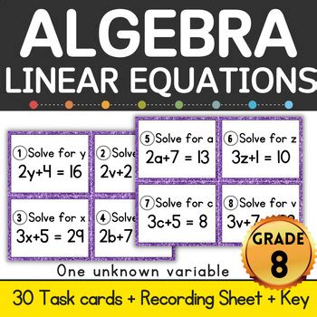 Algebra Solving Linear Equation With One Unknown Variable Task Cards Math