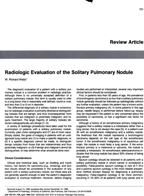 Radiologic Evaluation Of The Solitary Pulmonary Nodule Ajr
