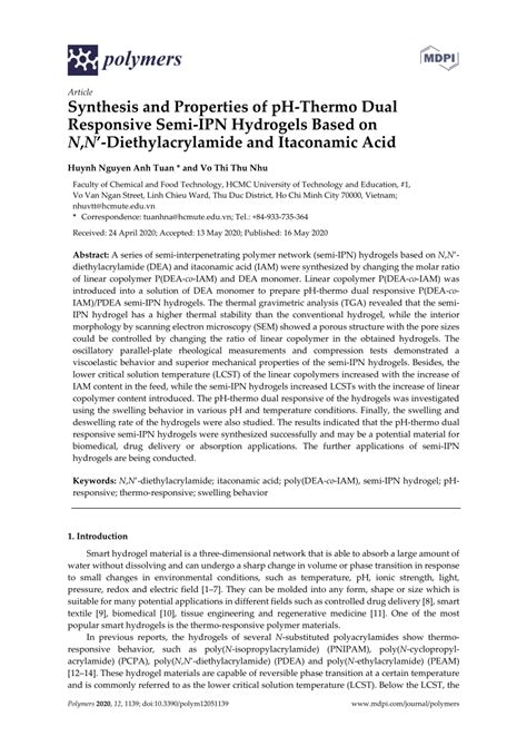 Pdf Synthesis And Properties Of Ph Thermo Dual Responsive Semi Ipn