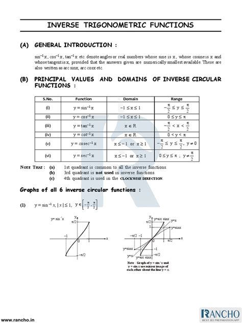 Inverse Trigonometric Functions Chapter Notes Pdf Trigonometric Functions Classical Geometry