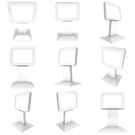 Lcd Tv 스탠드 세트 빈 무역 박람회 부스 컬렉션 흰색 배경에 고립 된 Lcd Tv의 3d 렌더링 프리미엄 사진