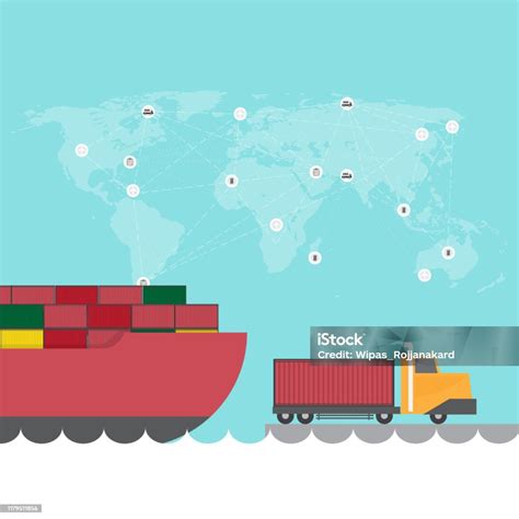 조선소 물류 수입 수출 및 운송 산업에서 컨테이너 화물 선 및화물 트럭의 물류 및 운송 세계지도 배경 건설 산업에 대한 스톡