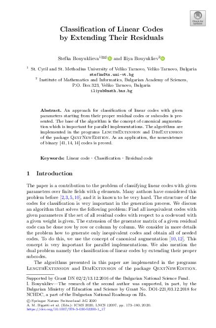 Pdf Classification Of Linear Codes By Extending Their Residuals