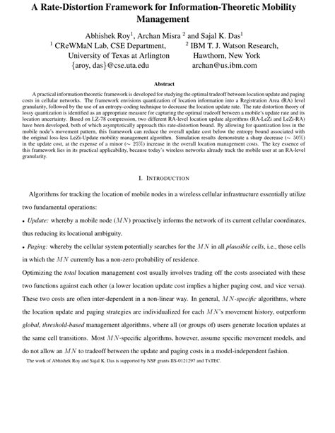 Pdf A Rate Distortion Framework For Information Theoretic Mobility Management