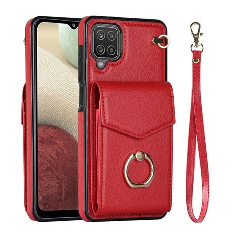For Samsung Galaxy A12 Ring Holder Rfid Card Slot Phone Case Red