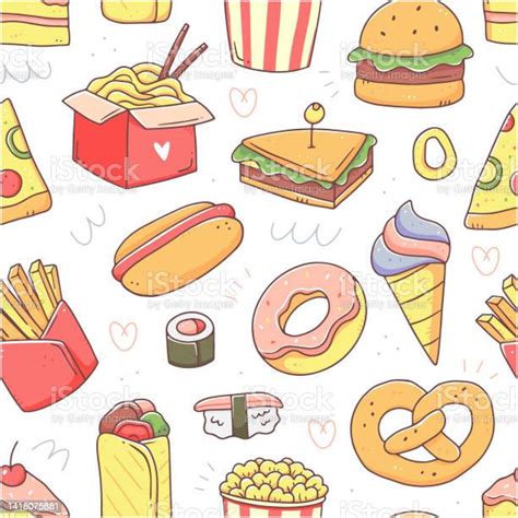 귀여운 카와이 낙서 스타일의 패스트 푸드 이음새없는 패턴 정크 푸드 일러스트 배경 감자 요리에 대한 스톡 벡터 아트 및 기타 이미지 감자 요리 건강에 좋지 않은 음식