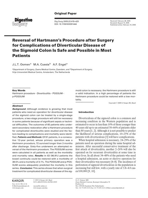 Reversal Of Hartmanns Procedure After Surgery For Complications Of