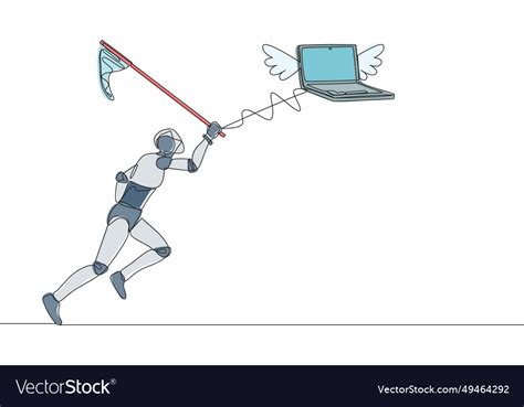 Continuous One Line Drawing Robot Try To Catching Vector Image