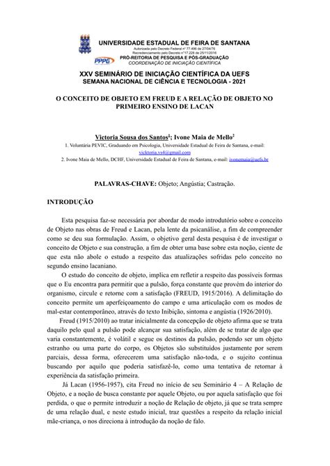 Pdf O Conceito De Objeto Em Freud E A RelaÇÃo De Objeto No Primeiro
