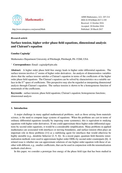 Pdf Surface Tension Higher Order Phase Field Equations Dimensional Analysis And Clairauts