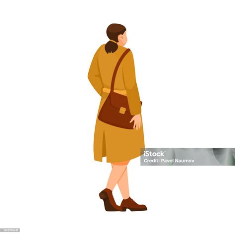 여자 교사 캐릭터는 어깨에 가방을 메고 뒤로 걷는 벡터 일러스트레이션을 입고 있다 가방에 대한 스톡 벡터 아트 및 기타 이미지
