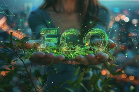 Premium Photo A Woman Holds The Word Eco Surrounded By Data And