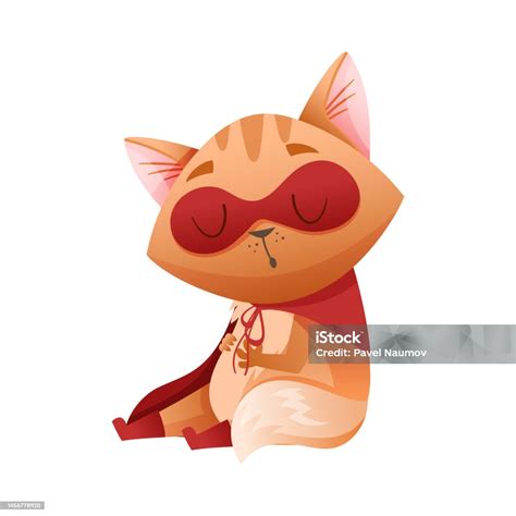 생강 고양이 슈퍼 히어로 캐릭터는 빨간 망토와 마스크 수면 벡터 일러스트 레이 션을 입고 고양이 새끼에 대한 스톡 벡터 아트 및 기타 이미지 고양이 새끼 고양잇과
