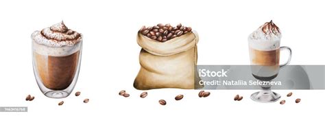 커피와 함께 수채화 세트 고립된 배경에 손 그림 모카 커피 황마 커피 백 라떼 아메리카노 카푸치노 라프 디자이너 메뉴 상점 바 비스트로 레스토랑 엽서 포장지 커버용 포스터