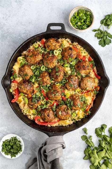Firecracker Chicken Meatballs With Cilantro Coconut Pineapple Rice