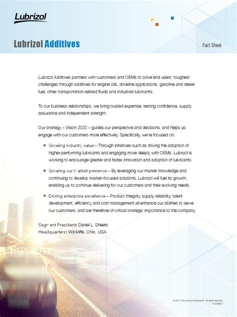 Lubrizol Additives Fact Sheet Pdf Motor Oil Lubricant