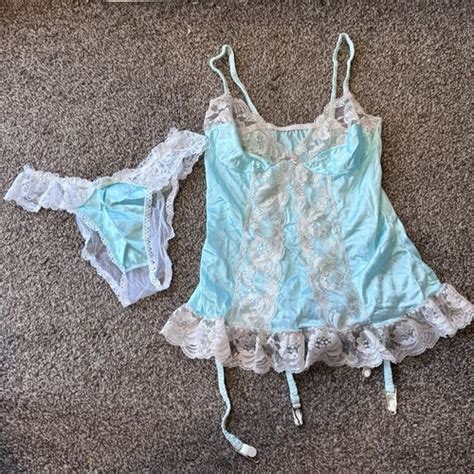 Vtg 80s90s Blue Lace Bustier Camisole Garter Belt Thong Set Coquette
