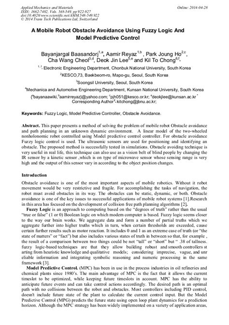 A Mobile Robot Obstacle Avoidance Using Fuzzy Logic And Model Predictive Control Scientificnet