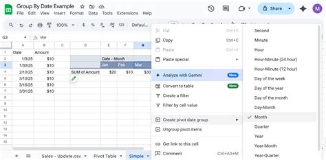 group by date in a pivot table month week quarter etc row zero