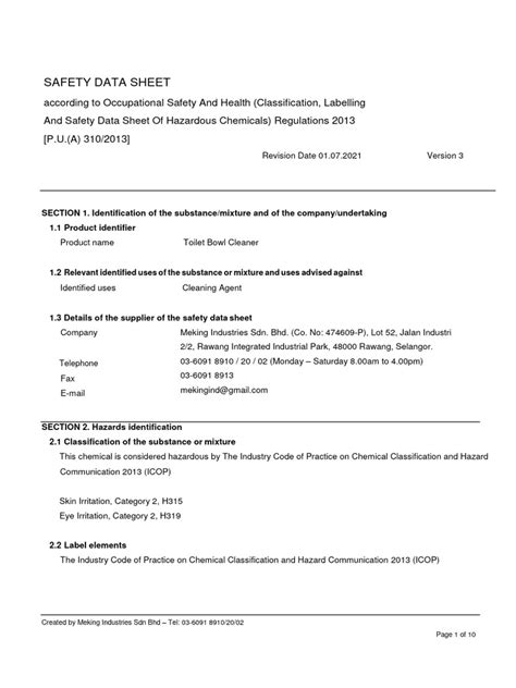 Toilet Bowl Cleaner Sds Ver3 Pdf
