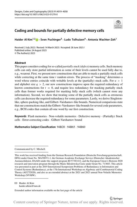 pdf coding and bounds for partially defective memory cells