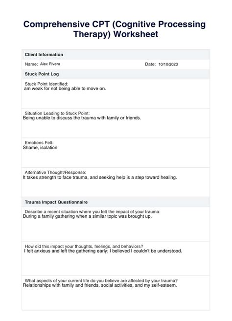 Cognitive Processing Therapy Worksheets & Example | Free PDF Download